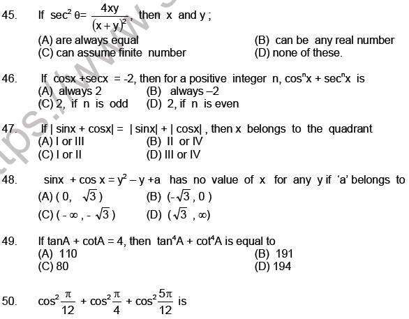JEE Mathematics Trigonometric Functions MCQs Set A with Answers